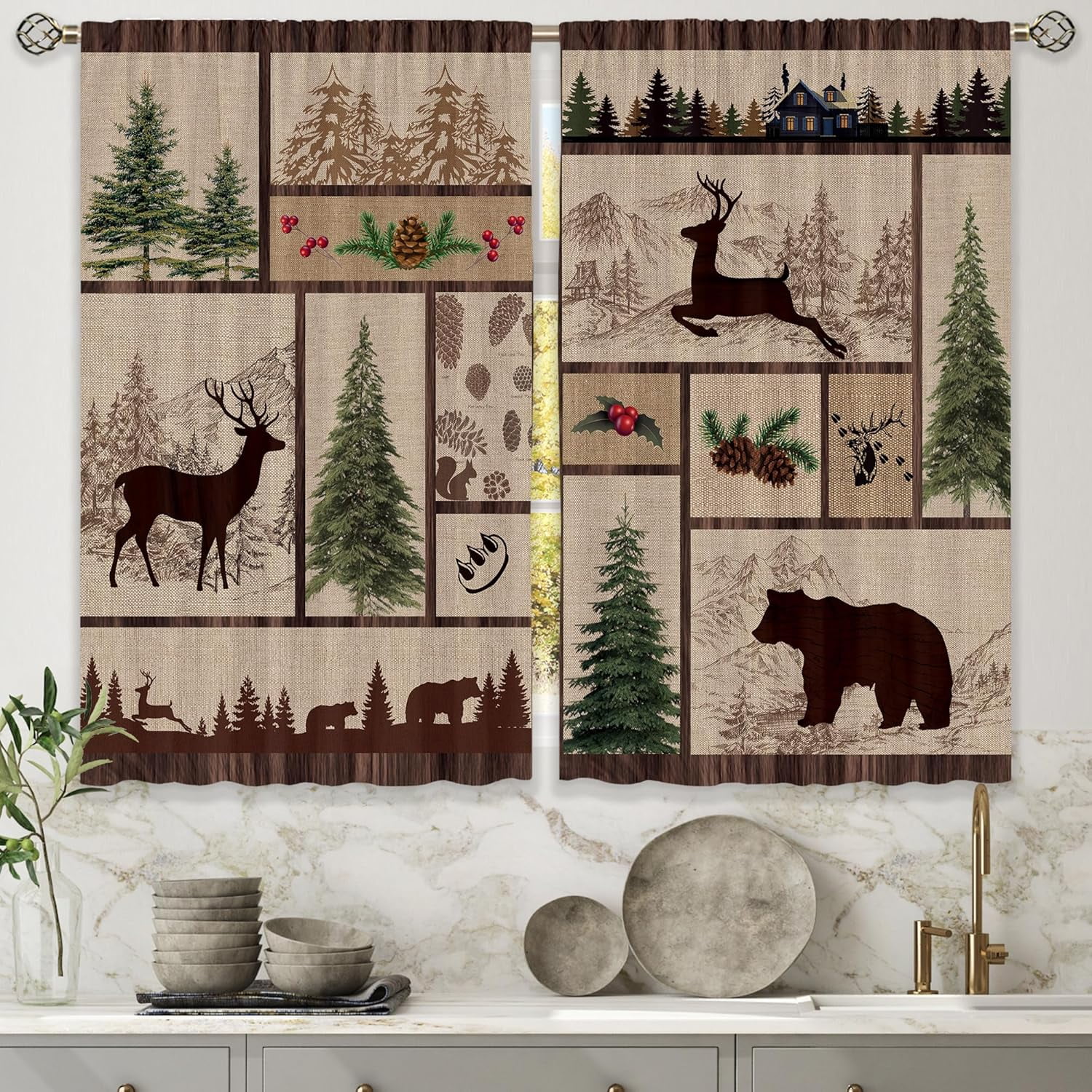 Rustic Cabin Kitchen Curtains Forest Woodland Farmhouse Brown Small ...
