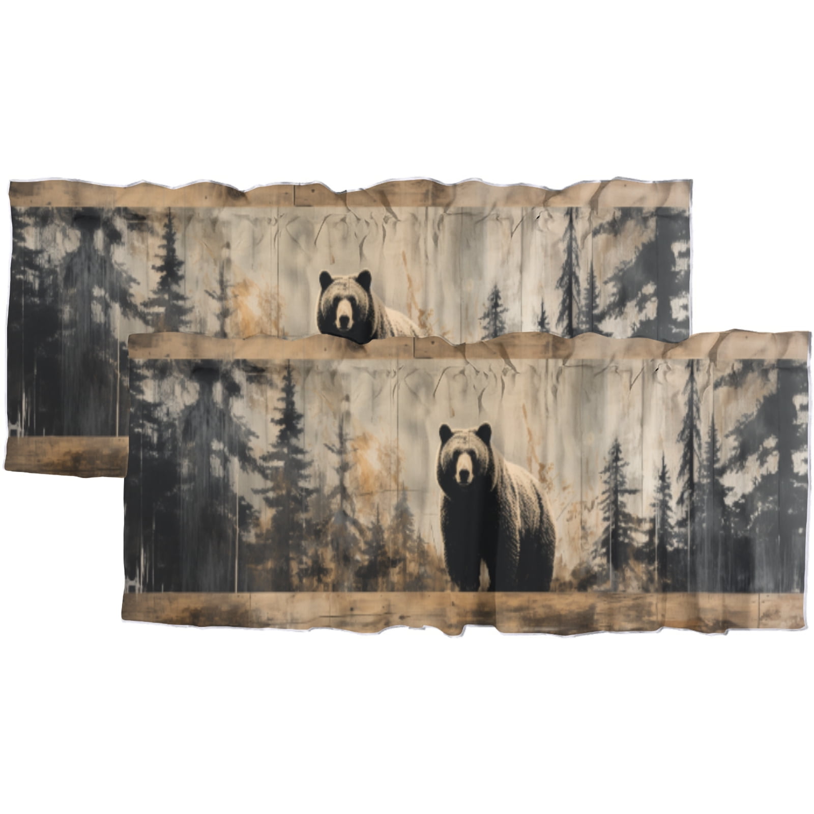 Rustic Cabin Kitchen Valance Curtains Funny Bear Forest on Brown Wooden ...