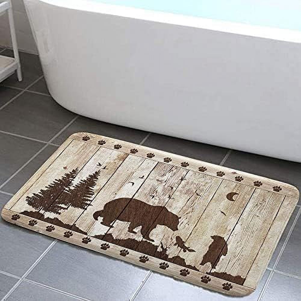 Rustic Cabin Lodge Bear Bathroom Rug, Forest Animal Vintage Wooden ...