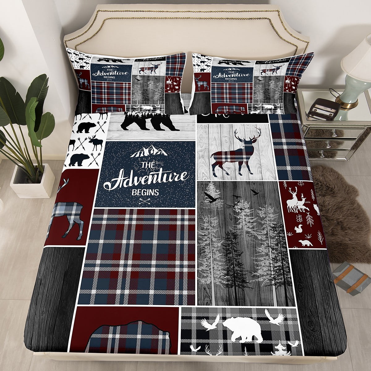 Rustic Cabin Lodge Bedding Set, Bear Deer Wildlife Bed Sheets Queen ...