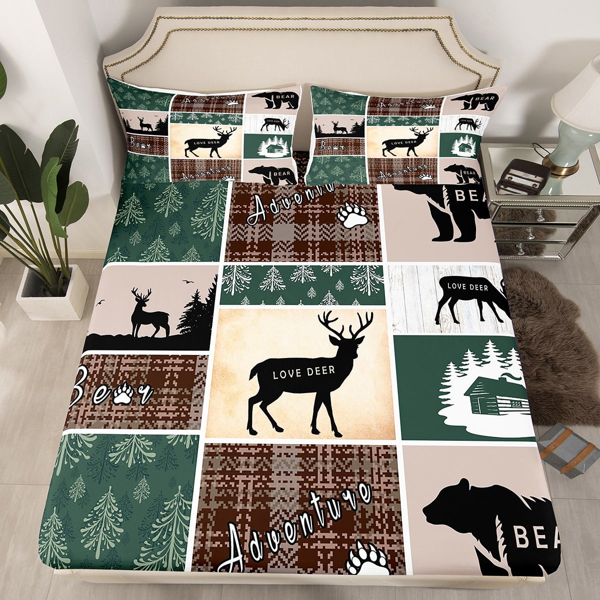 Rustic Cabin Lodge Bedding Set Twin Size, Bear Deer Elk Bed Sheets ...