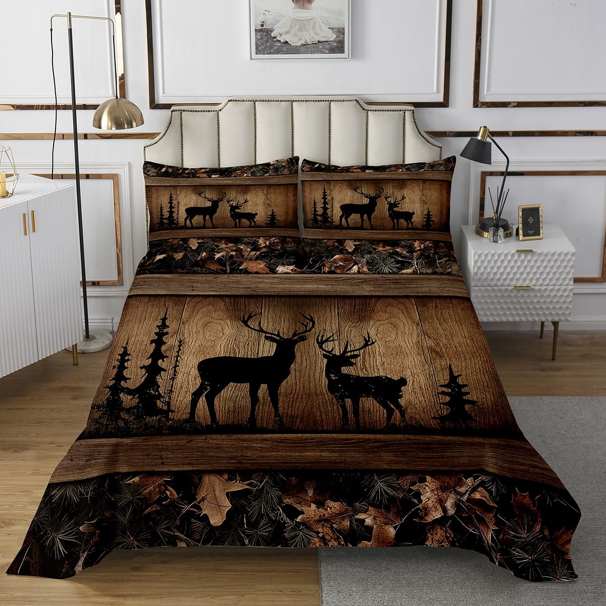 Rustic Cabin Quilt Sets Camo Hunting Deer Bedspread Set Queen Farmhouse ...