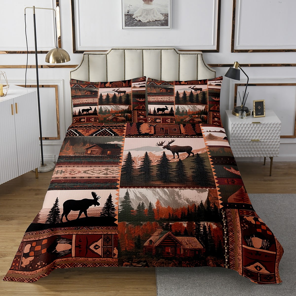 Rustic Cabin Quilt Sets Hunting Moose Bedspread Set Twin Size Woodland Farmhouse Coverlet Set ...