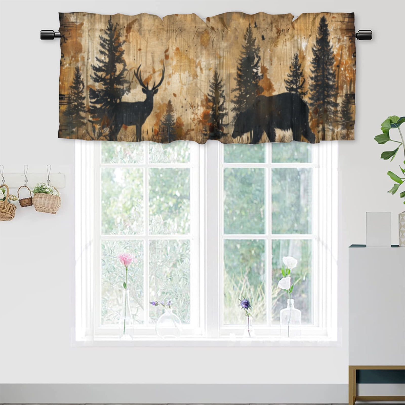 Rustic Cabin Rod Pocket Valances for Kitchen Forest Bear Deer Country ...