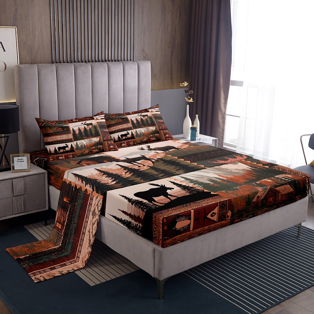Rustic Cabin Sheet Sets Hunting Moose Bed Sheets Queen Size Woodland ...
