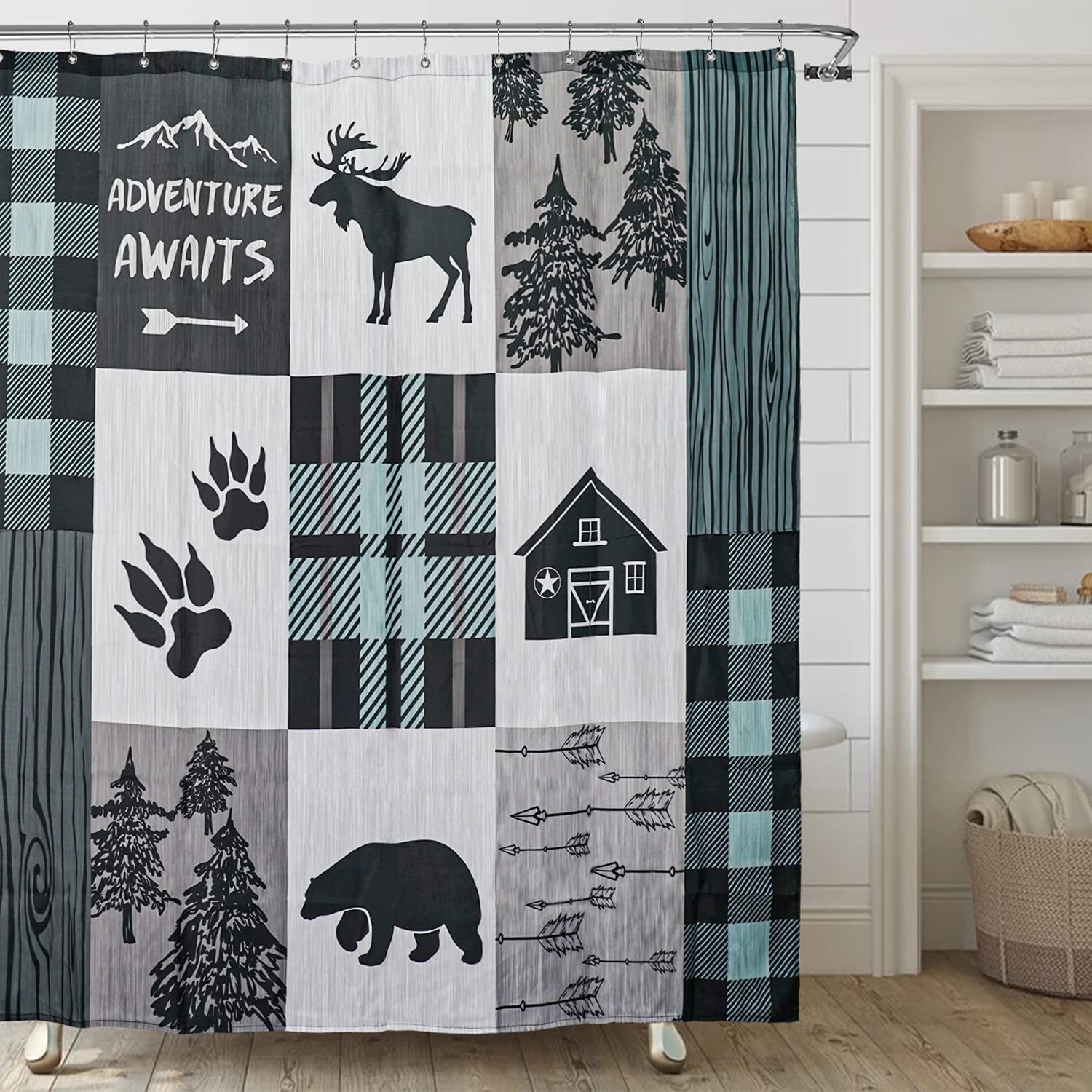 Rustic Cabin Shower Curtains, Moose Bear Shower Curtain, Buffalo Check ...