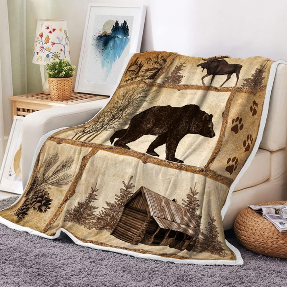 Rustic Cabin Throw Blankets, Farmhouse Country Antique Bear Moose ...