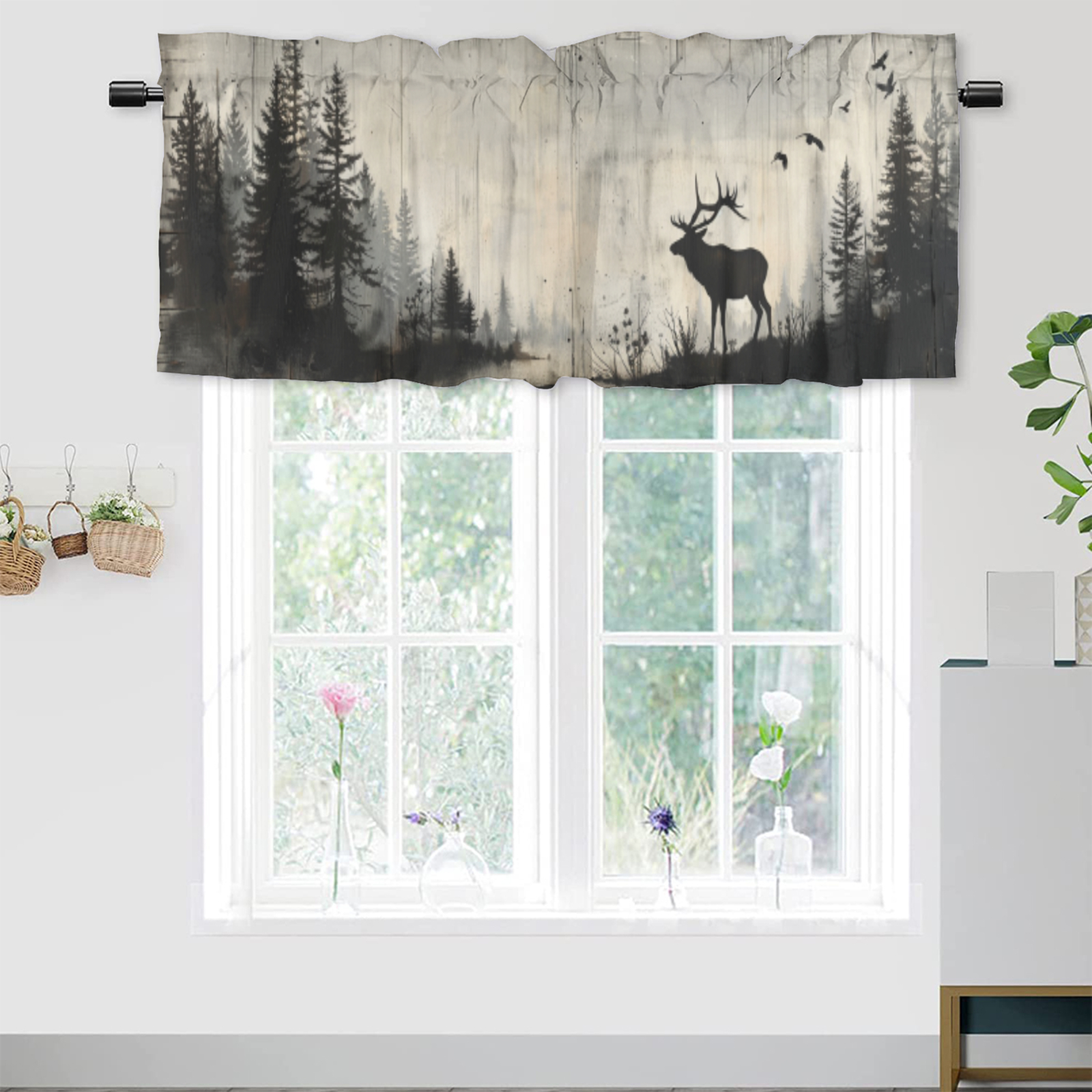 Rustic Cabin Window Curtain Valances Wooden Barn Door Woodland Deer ...