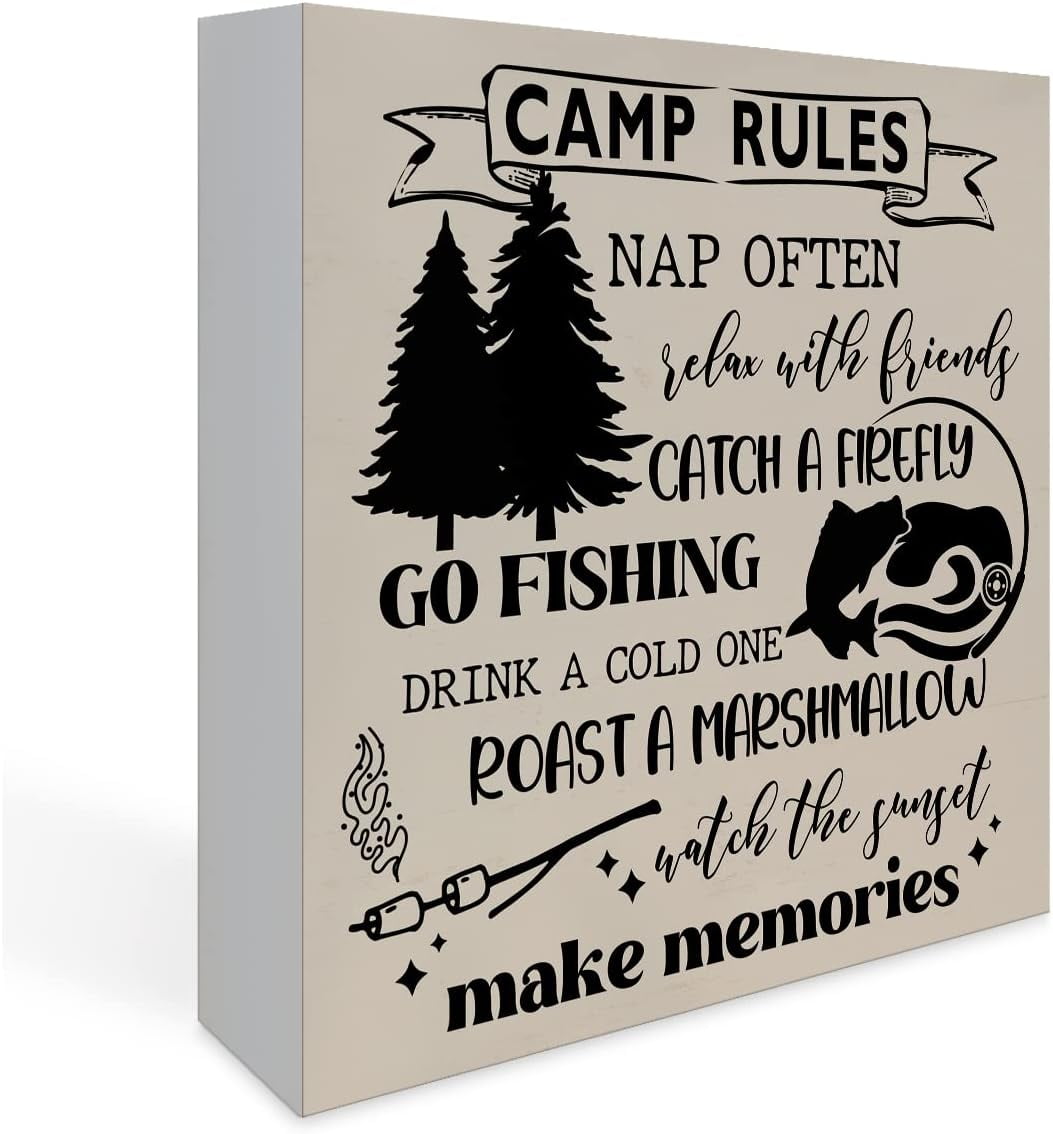 Rustic Camp Rules Wood Box Sign, Farmhouse Camping Artwork Decor ...