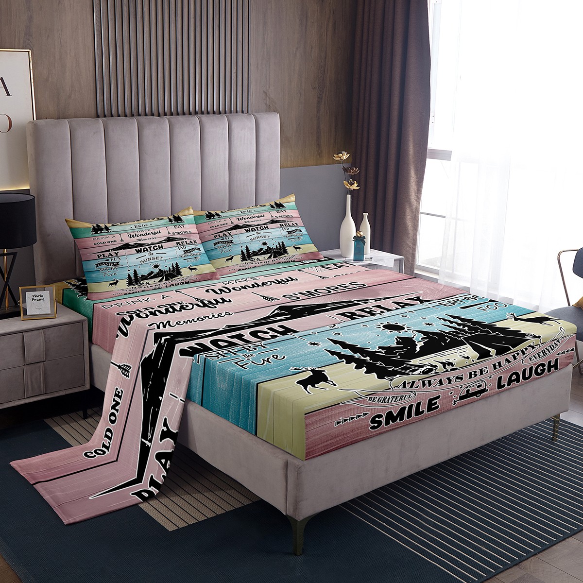 Rustic Camper Bed Sheets Set for Cabin Lodge,Happy Camping Sheet Set ...