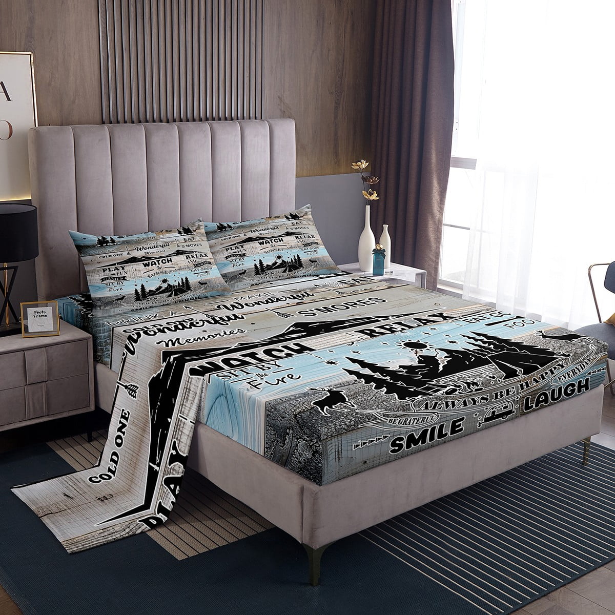 Rustic Camper Bed Sheets Set,Farmhouse Happy Camping Sheet Set Queen ...