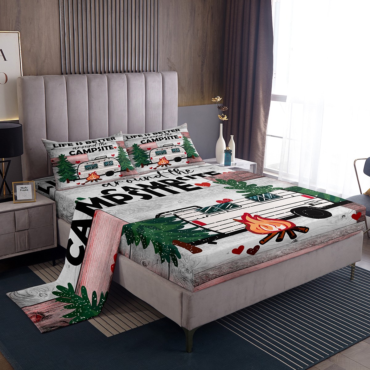 Rustic Camper Bed Sheets Set,King Happy Camping Sheet Set Rv ...