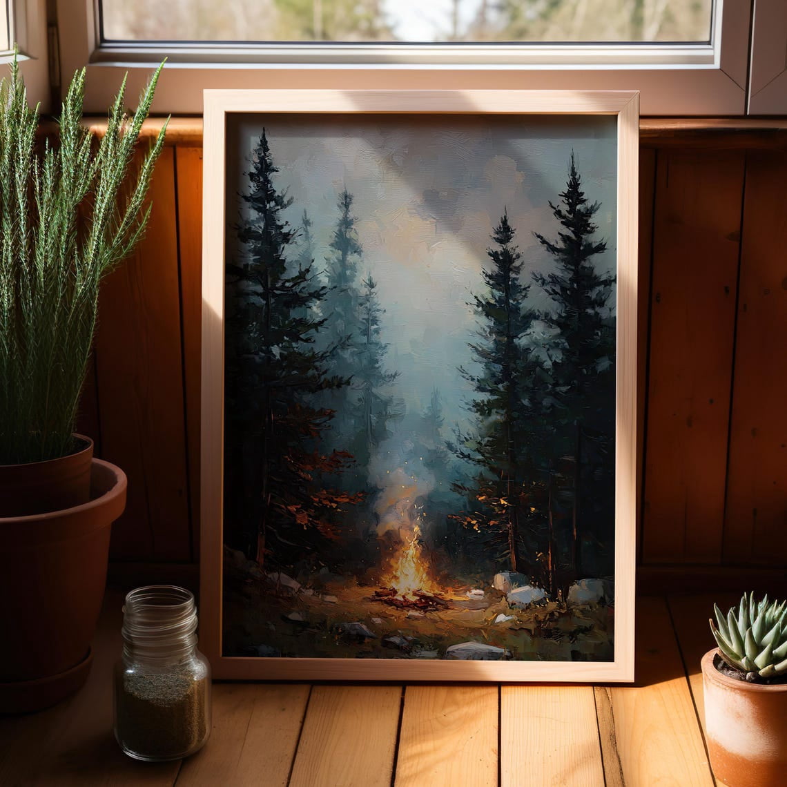 Rustic Campfire Moody Pine Tree Forest Vintage Cabin Decor Dark Nature ...