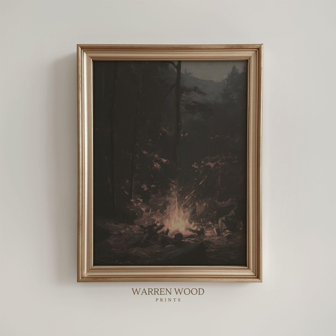 Rustic Campfire In The Woods Wall Art, Moody Sky Forest Print, Dark ...
