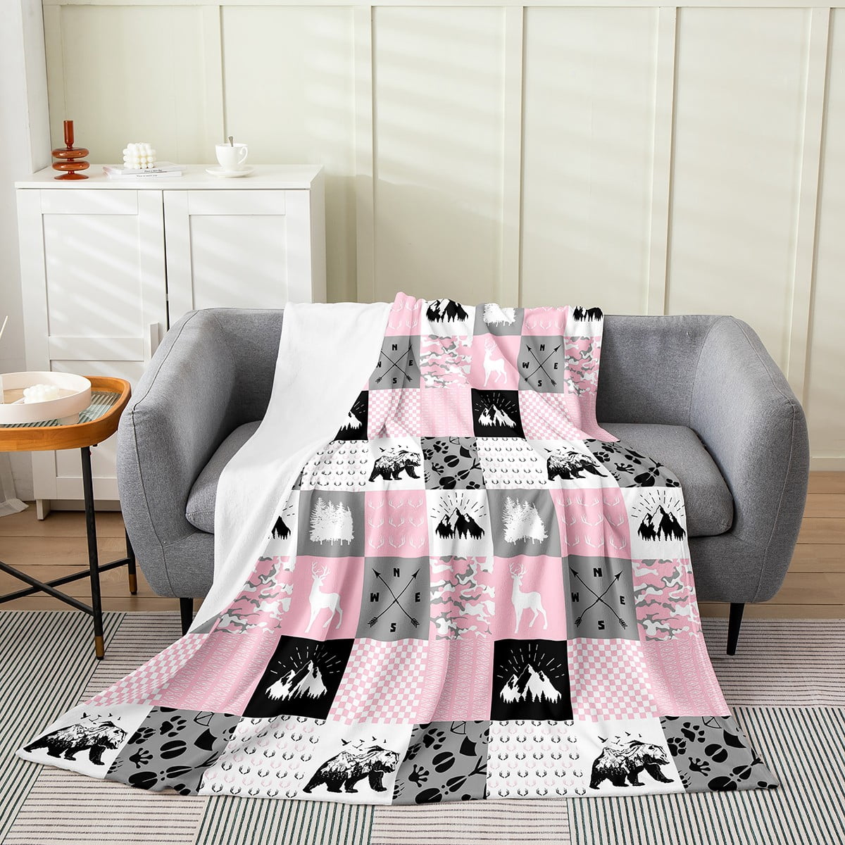 Rustic Camping Flannel Fleece Blanket Throw Size, Hunting Bear Deer ...