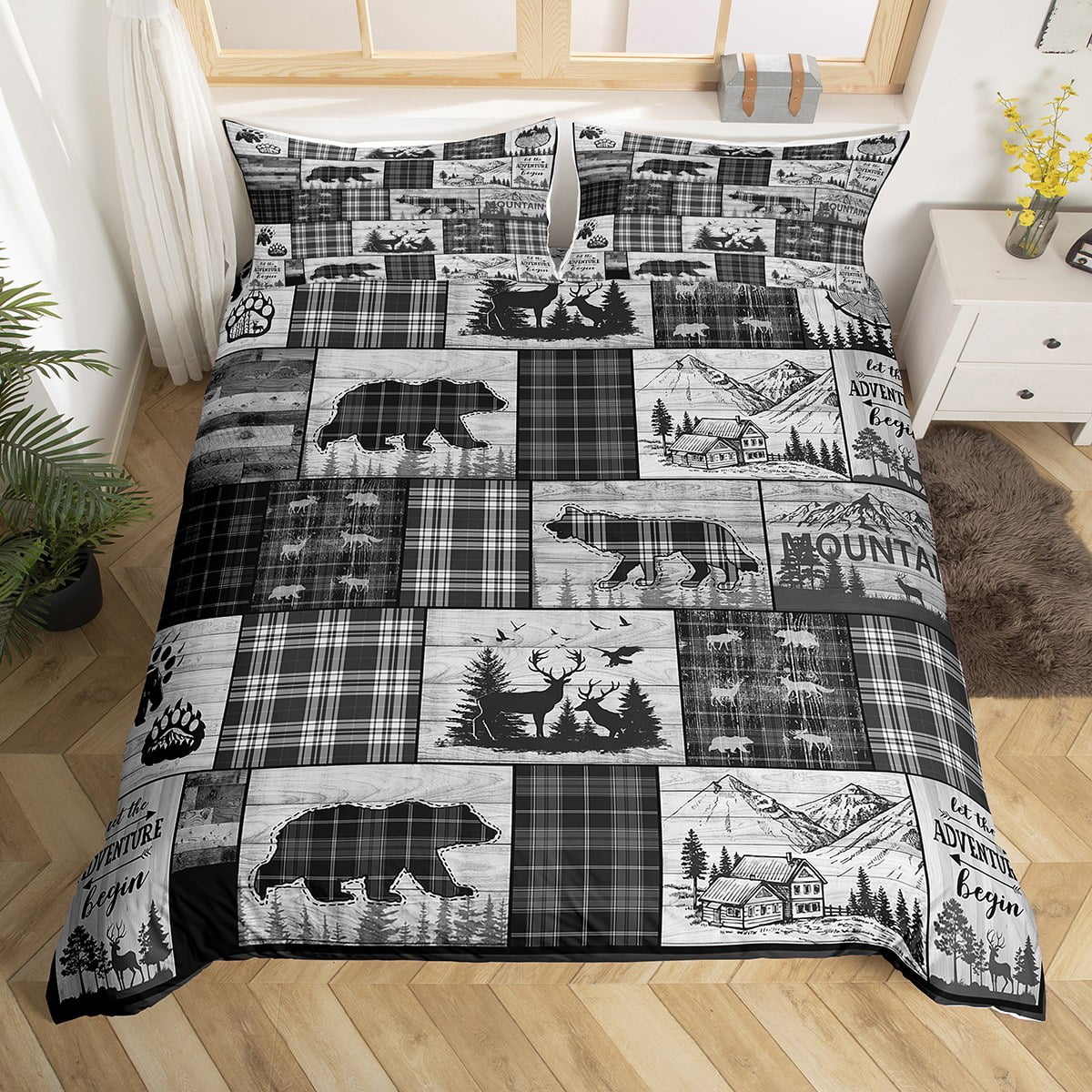 Rustic Camping Patchwork Duvet Cover Twin Woodland Plaid Wolf Bear Deer ...