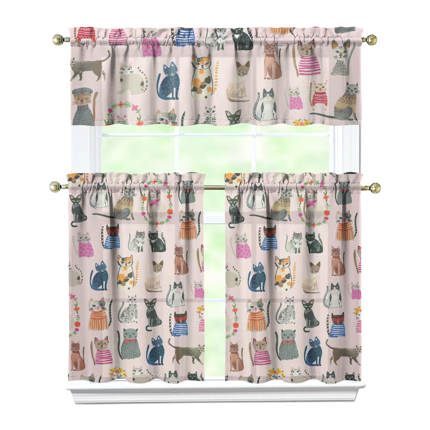 Rustic Cat Print Kitchen Curtains - Artistic Cat and Flowers Design Set ...
