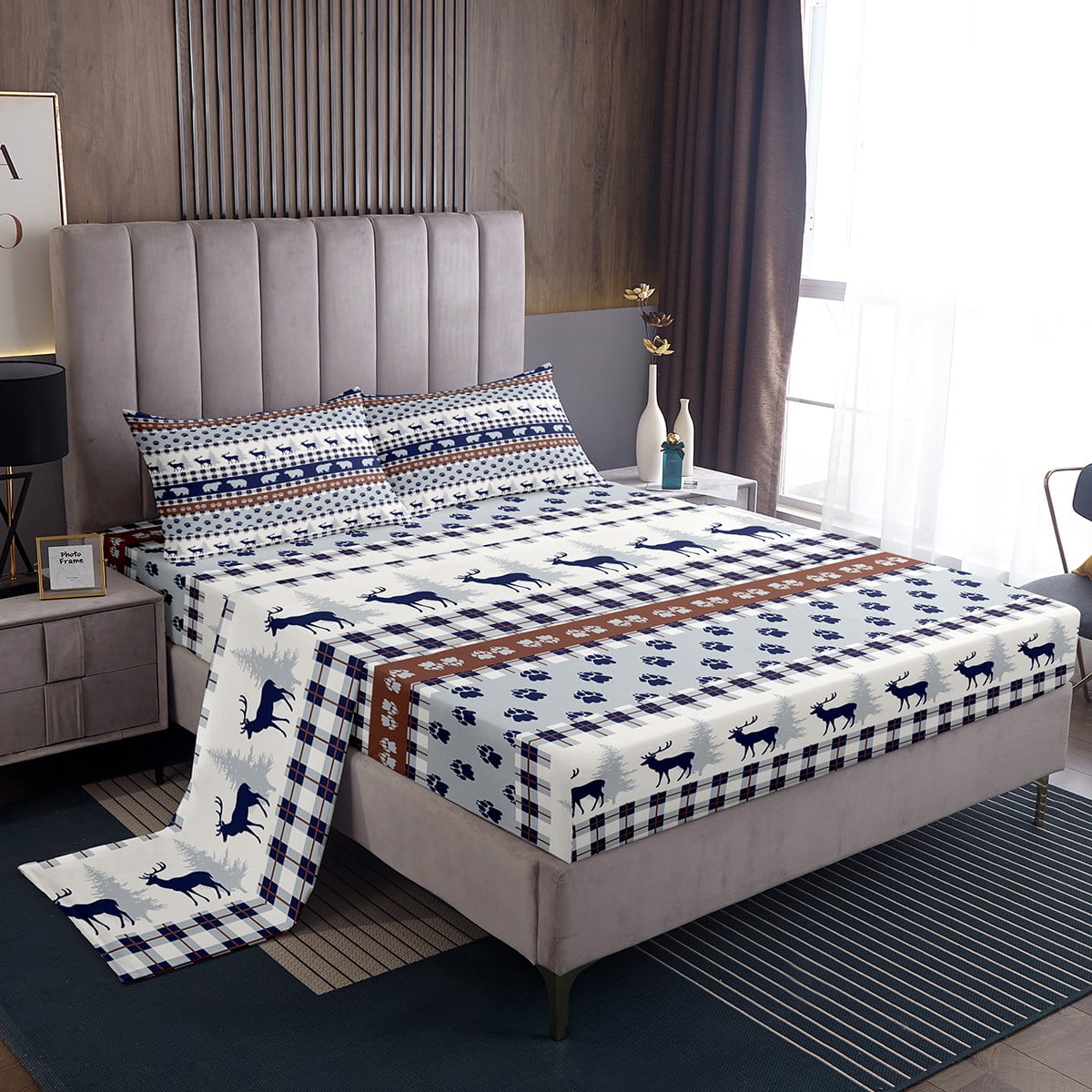 Rustic Checkered Buffalo Plaid Sheets Full Size,Bear Deer Hunting Bed Sheets Set Lightweight ...