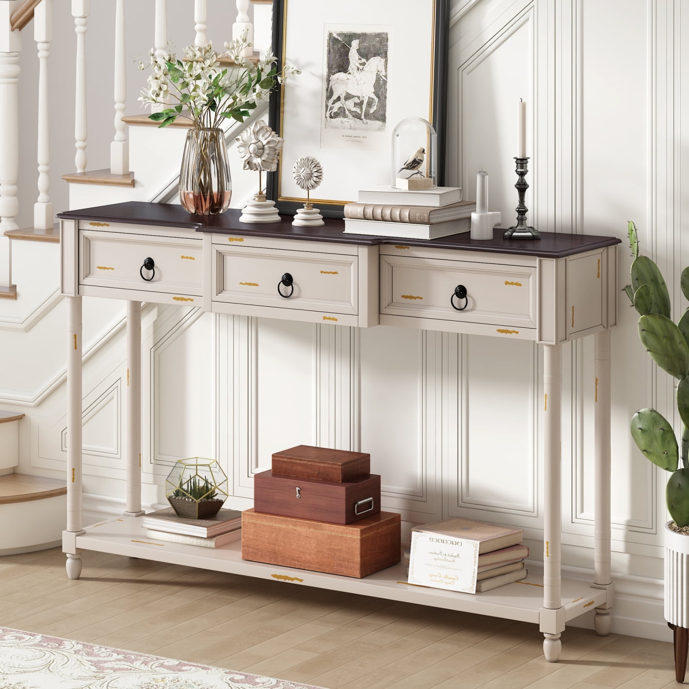 Rustic Chic Console Table Sofa Table with 3 Drawers, Solid Wood Hall ...