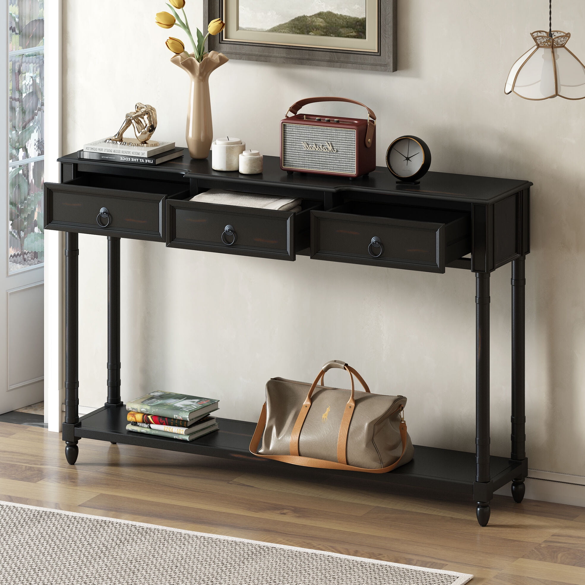 Rustic Chic Console Table Sofa Table with 3 Drawers, Solid Wood Hall ...