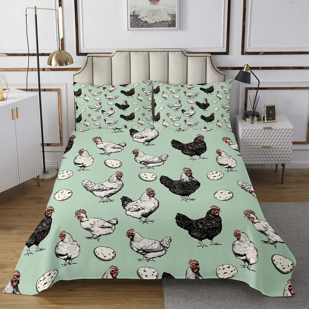 Rustic Chicken Quilt Set Cute Chicken Egg Pattern Queen Coverlet Set ...