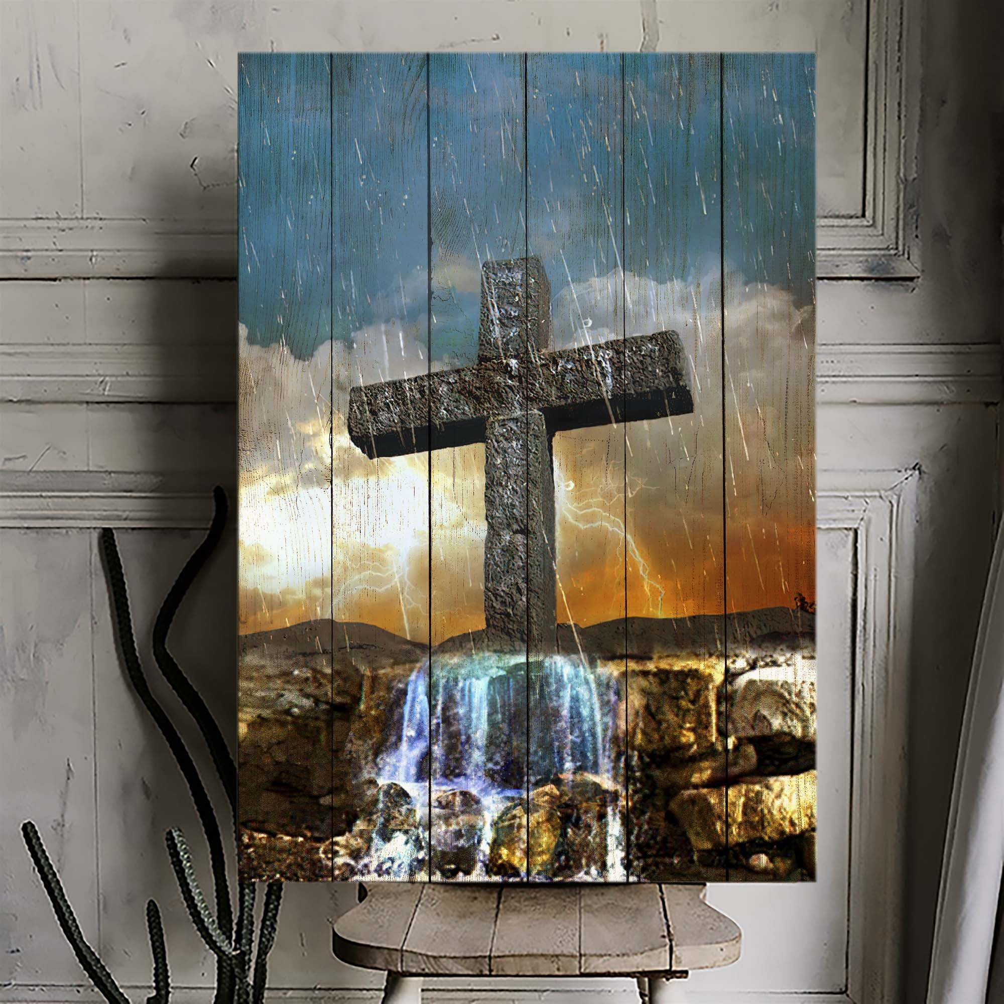 Rustic Christian Wall Art – Stone Cross with Living Water & Stormy Sky ...