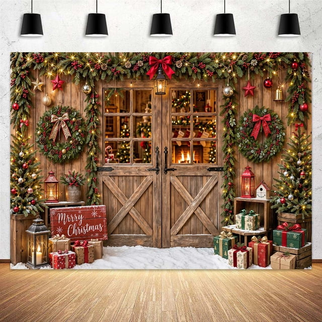 Rustic Christmas Backdrop Barn Wood Door Banner Xmas Tree Snow ...