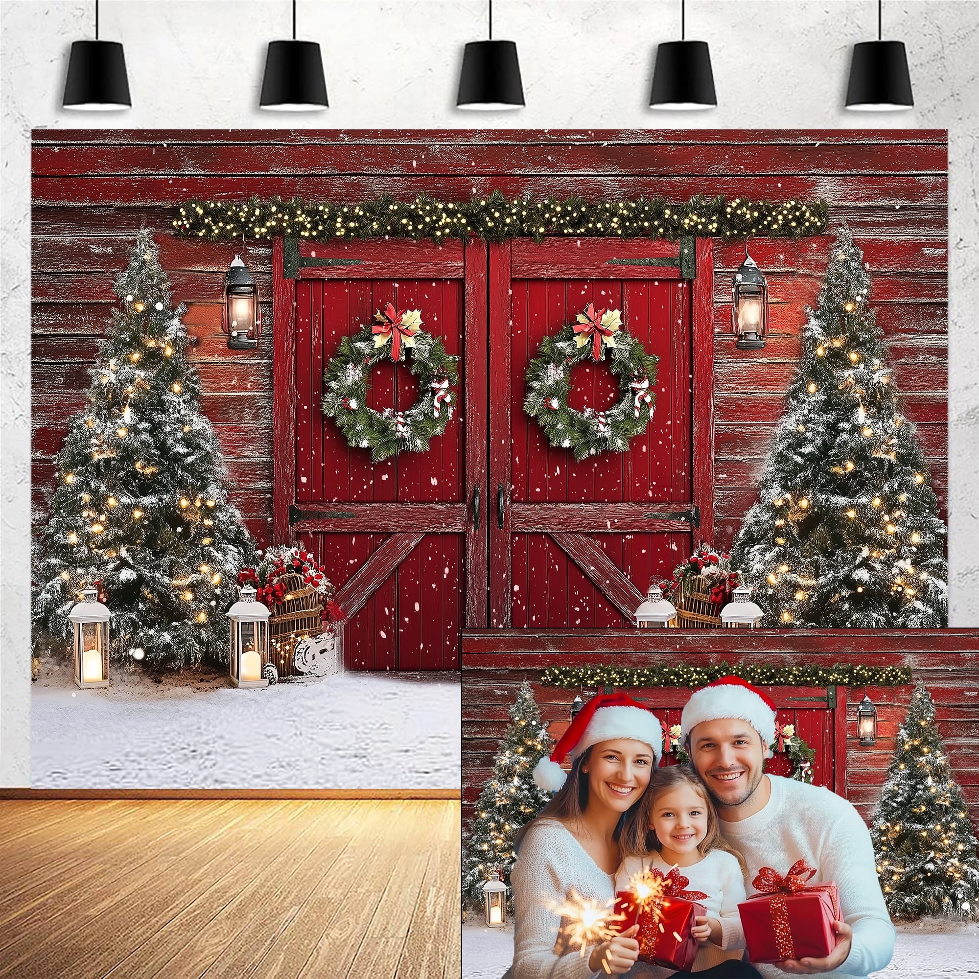 Rustic Christmas Backdrop Red Barn Door Chritsmas Tree Snowy ...