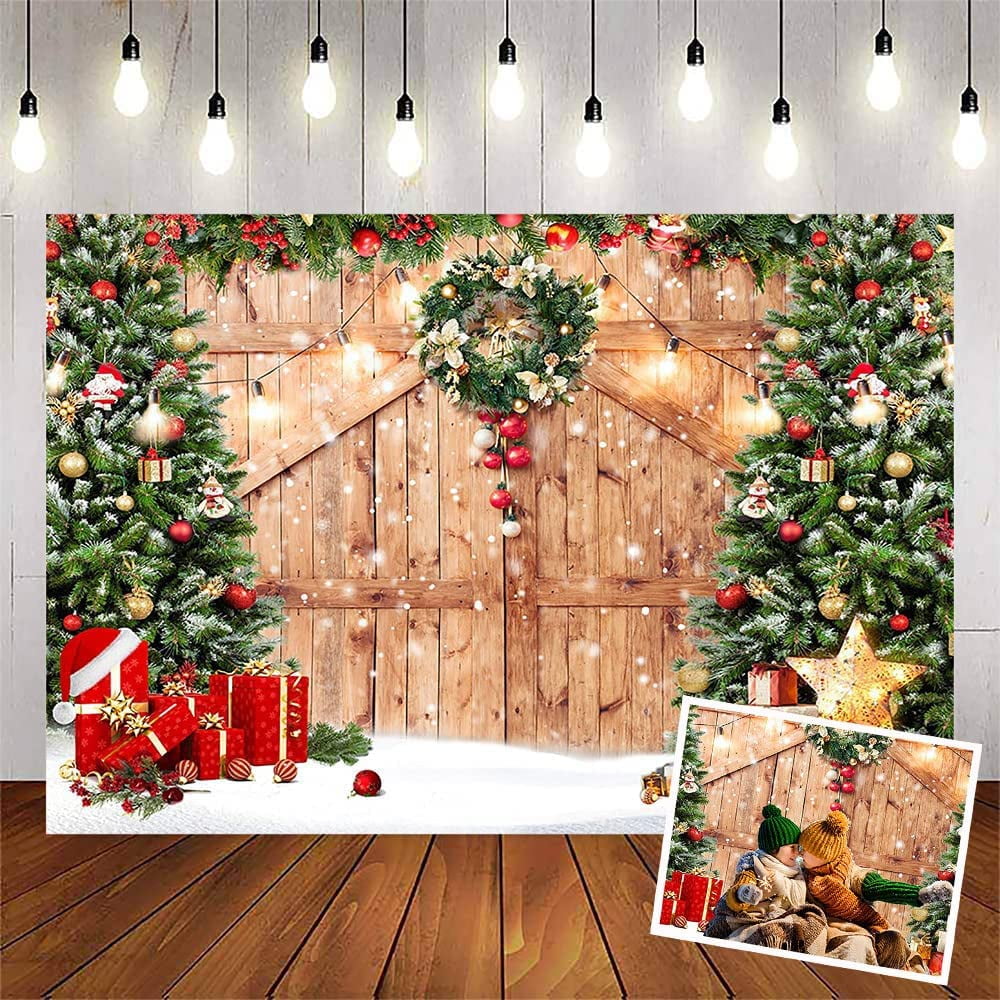 Rustic Christmas Barn Wood Door Backdrop for Photography X-mas Tree ...