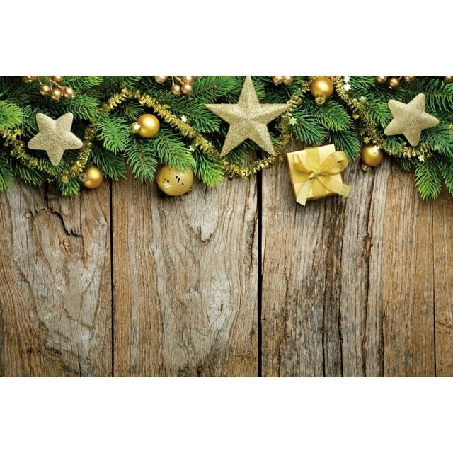 Rustic Christmas Wood Background Green Pine Needles Xams Stars Gift ...
