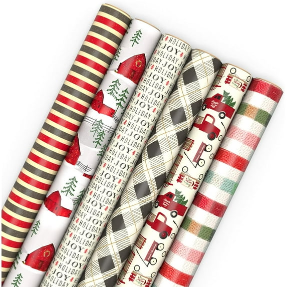 Rustic Christmas Wrapping Paper Rolls with Cutlines on Reverse (6 Rolls ...