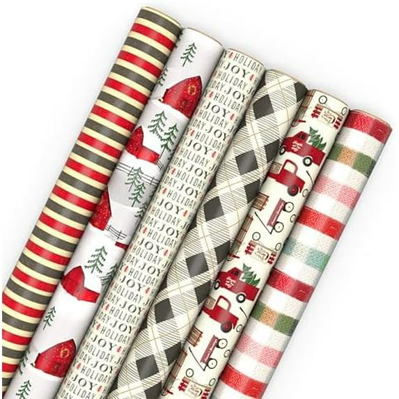 Rustic Christmas Wrapping Paper Rolls with Cutlines on Reverse (6 Rolls: 180 Sq. Ft. Total) Red ...