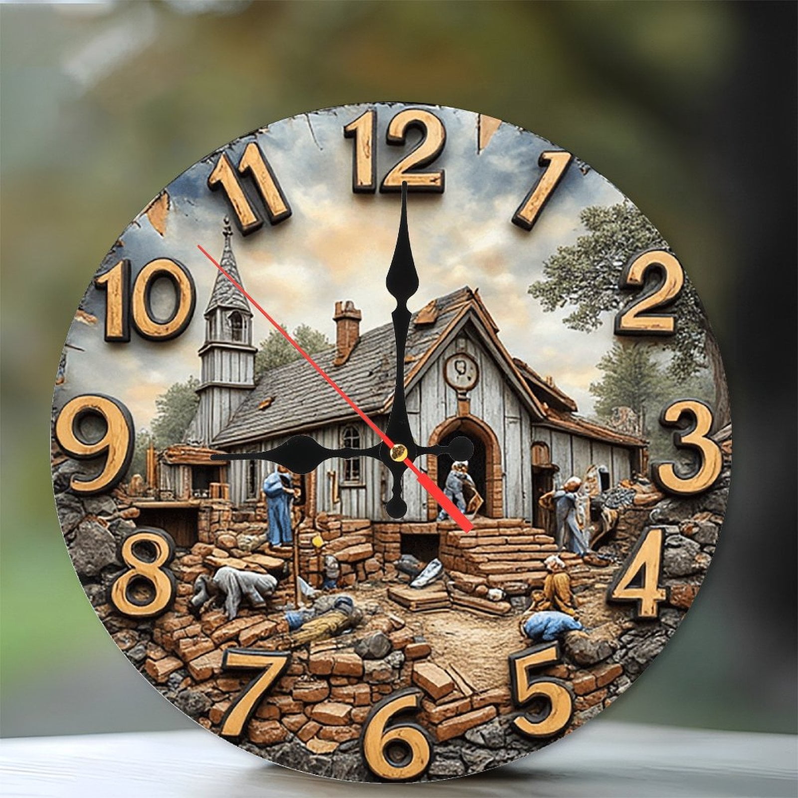 Rustic Church Building Construction Wall Clock 10-Inch Silent Wooden ...