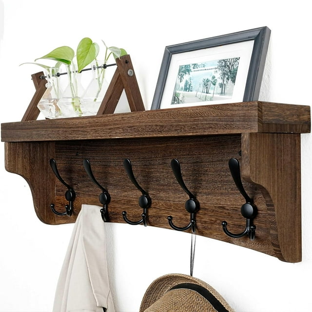 Rustic Coat Rack Wall Mount with Shelf,24" Long Wall Shelf with Hooks ...