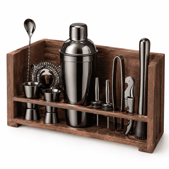 Rustic Cocktail Shaker Set - Includes Wood Stand Plete Barware Kit With ...
