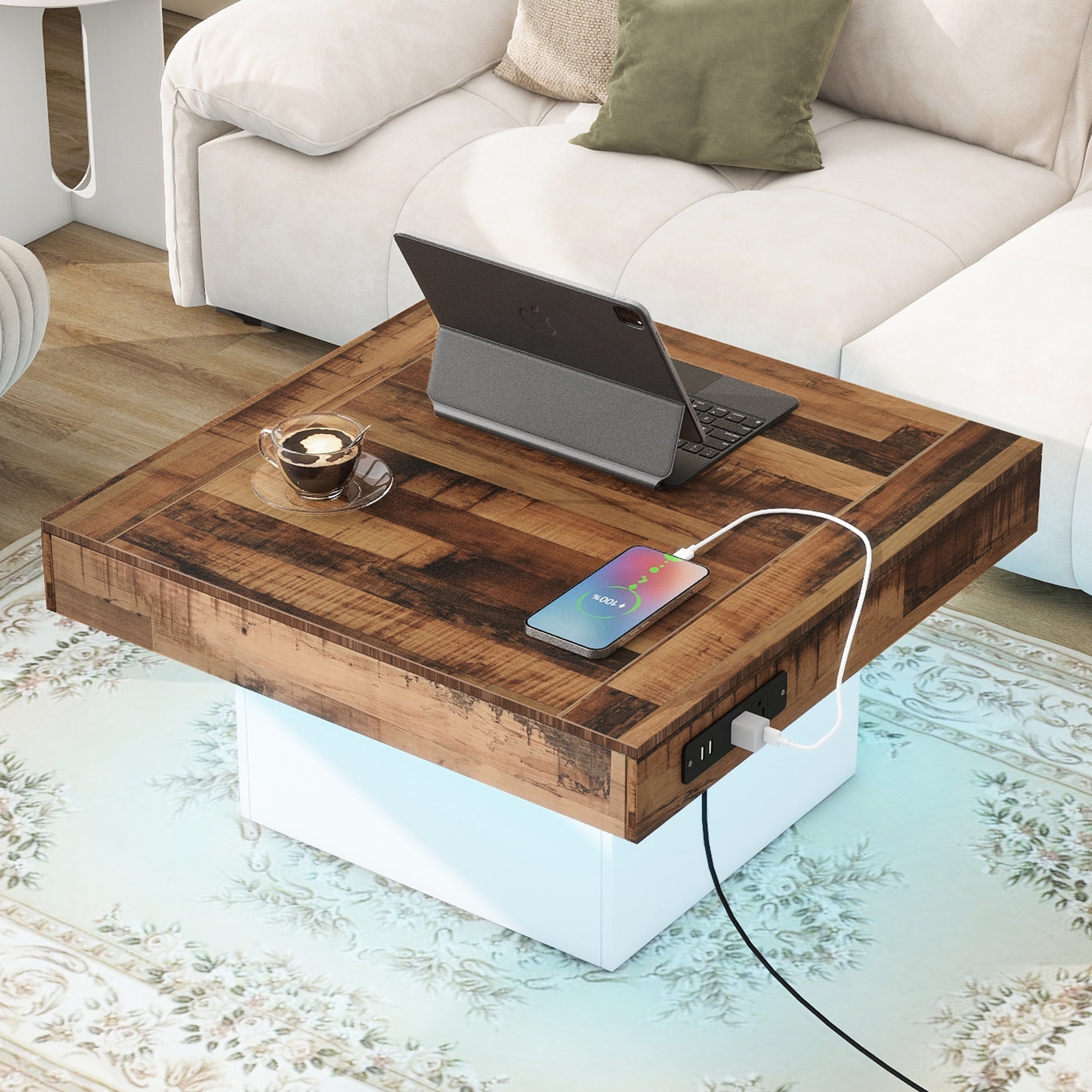 Rustic Cocktail Table With Charging, 31.4''x31.4'', Brown Spliced Wood ...