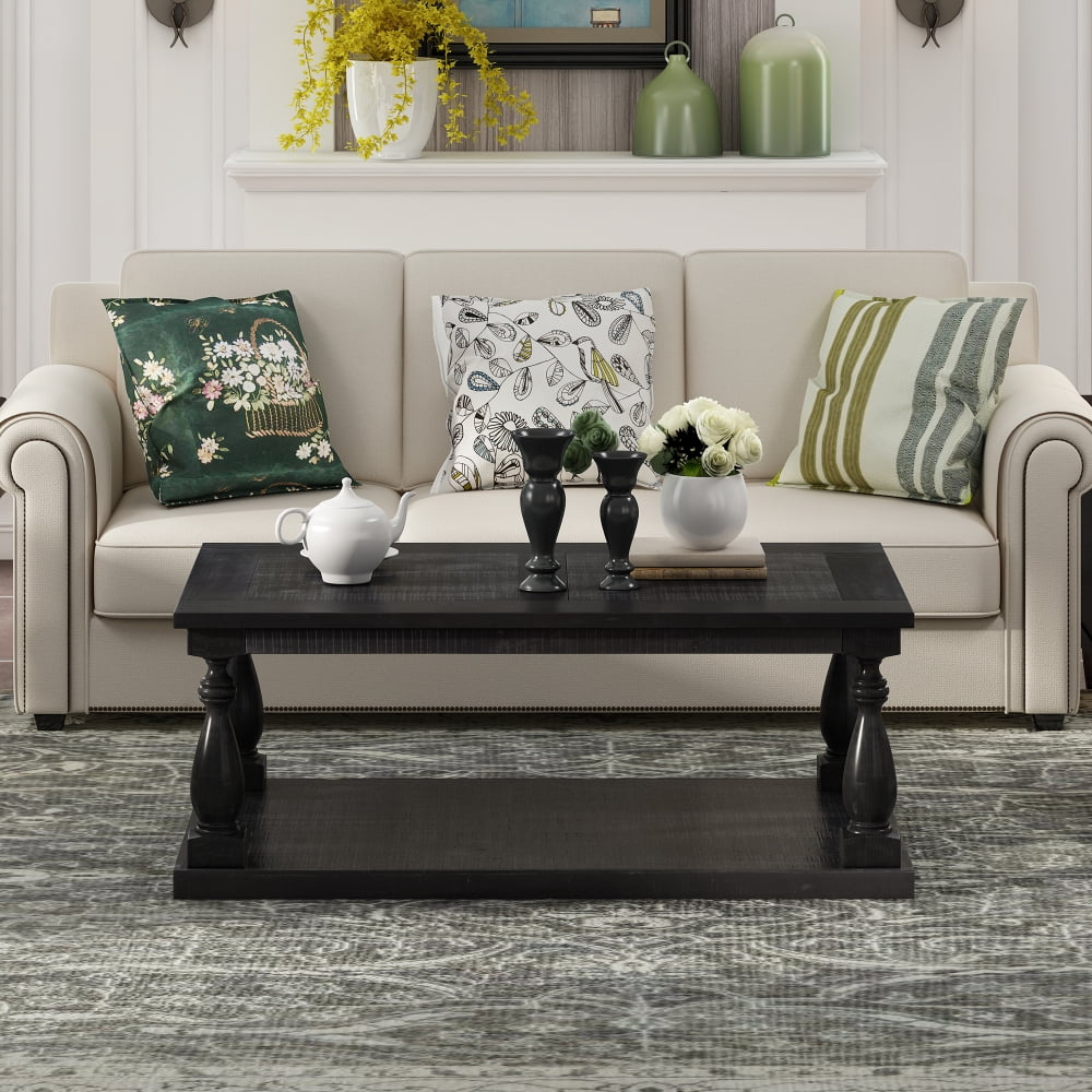 Rustic Coffee Table, Solid Wood Accent Sofa Table with Floor Storage ...