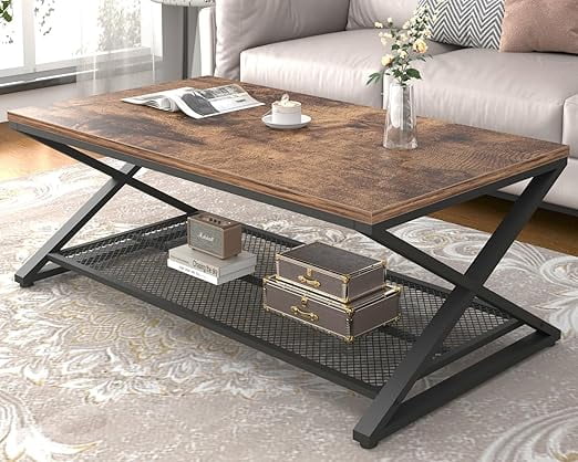 Rustic Coffee Table with Storage, Industrial Wood Metal 2 Tier Center ...