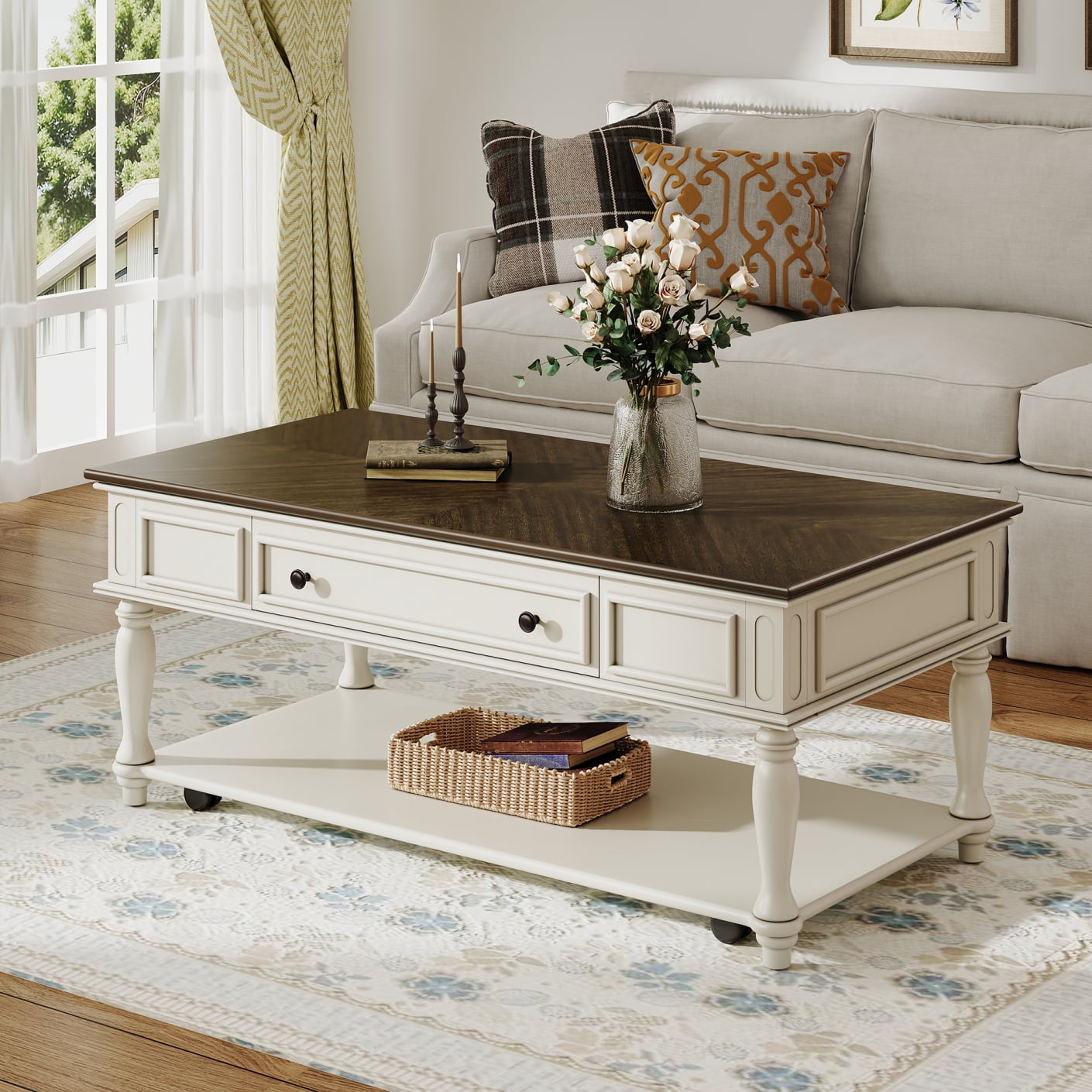 Rustic Coffee Table with Drawer and Wheels, 47" Rectangle Coffee Table ...
