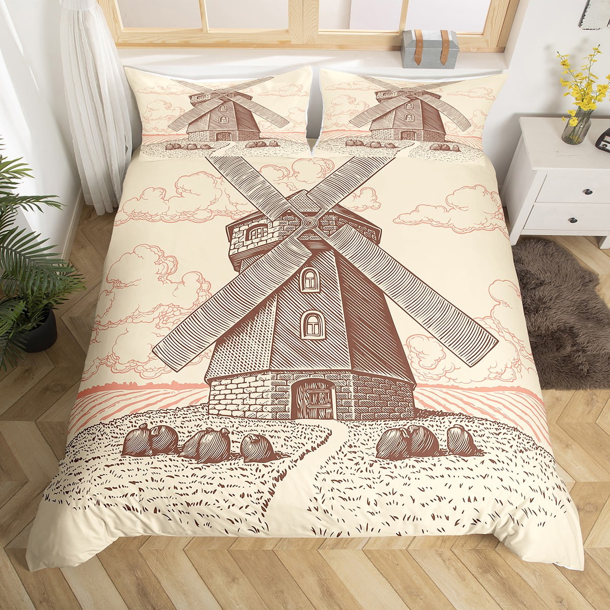 Rustic Comforter Cover Retro Windmill Bed Set for Boys Girls, Vintage ...