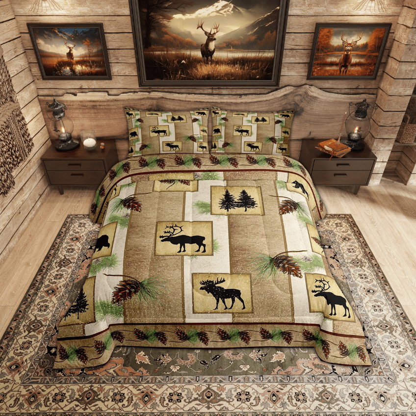 Rustic Comforter Set Bear Moose Elk Deer Hunting Quilt Pine Tree ...