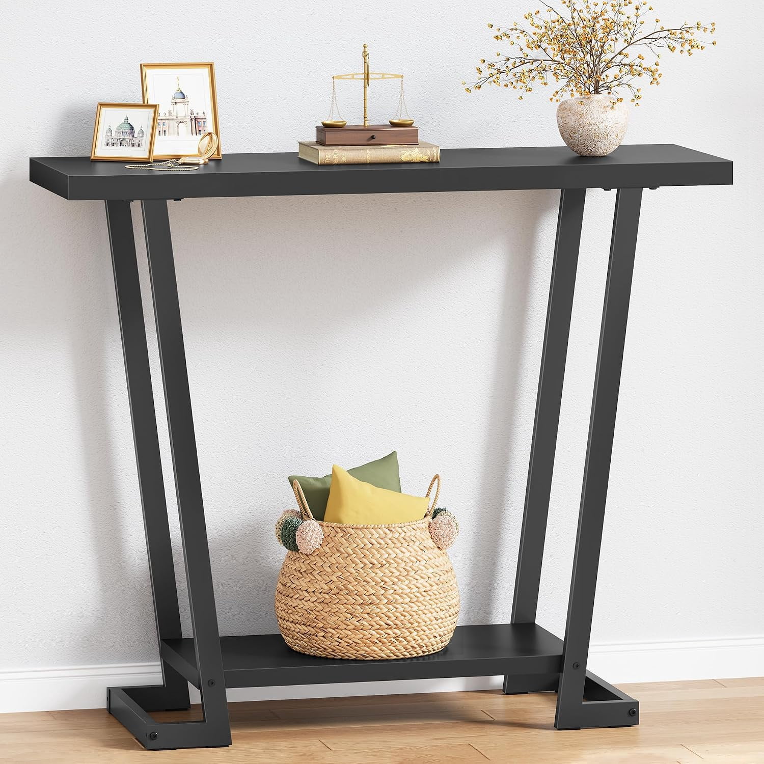 Rustic Console Table 31.5'', 2 Tier Narrow Entryway Table, Black ...