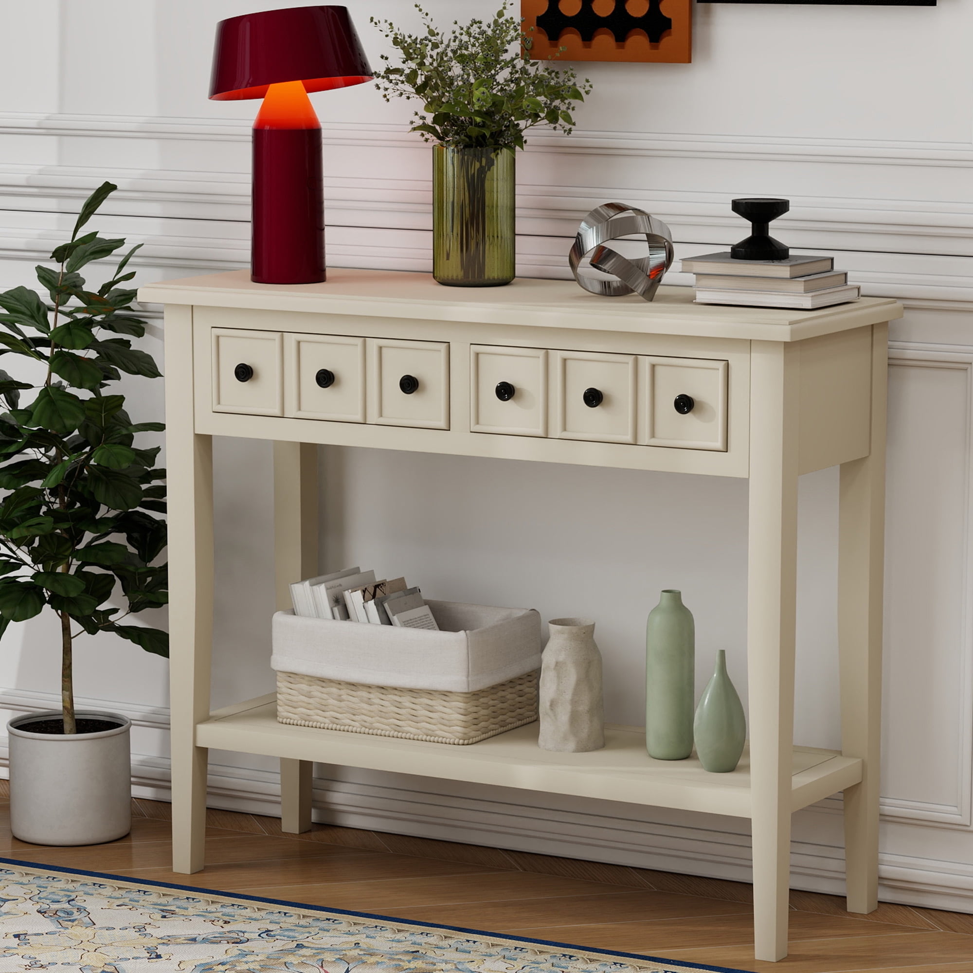 Rustic Console Table with Open Shelf, Rubber Wood Legs, Ideal for ...