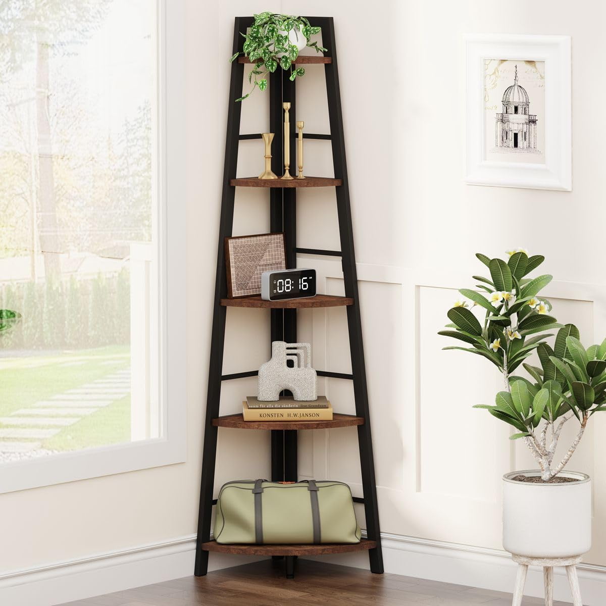 Rustic Corner Ladder Shelf, 5-Tier Black Metal Wood Corner Bookshelf ...
