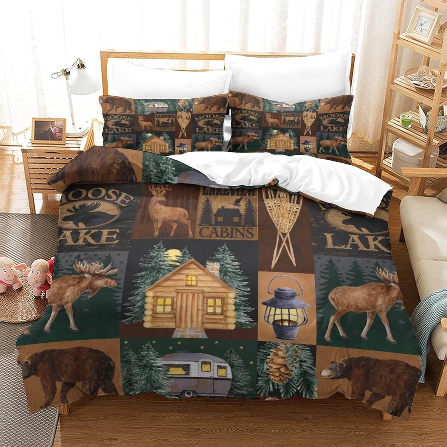 Rustic Cottage Quilt 3 Piece Set, Microfiber Sheet Quilt Set, Wild Elk ...