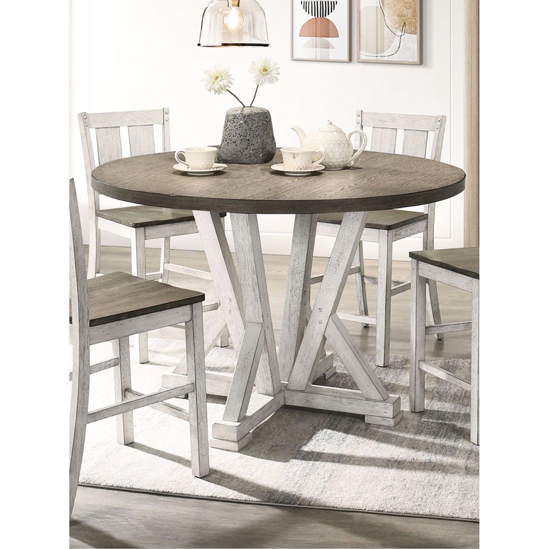Rustic Counter Height Dining Table, Antique White/ash Brown Finish ...