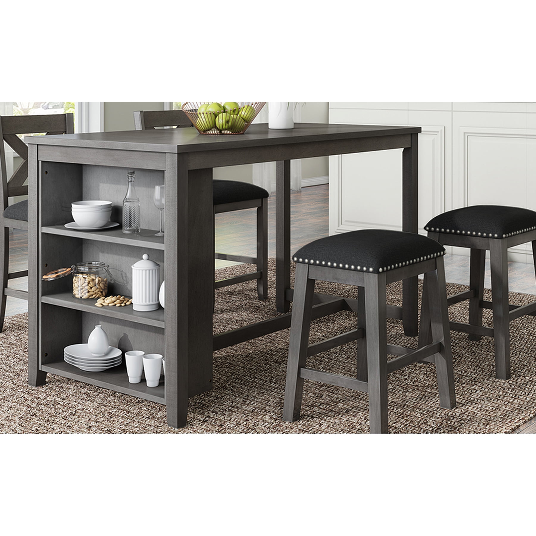 Rustic Counter Height Dining Table . Gray Finish. 2 Chairs And Stools ...