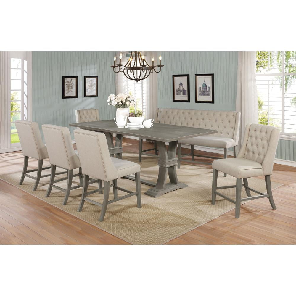 Rustic Counter-height Gray Wood 7pc Dining Set with Beige Linen Chairs ...