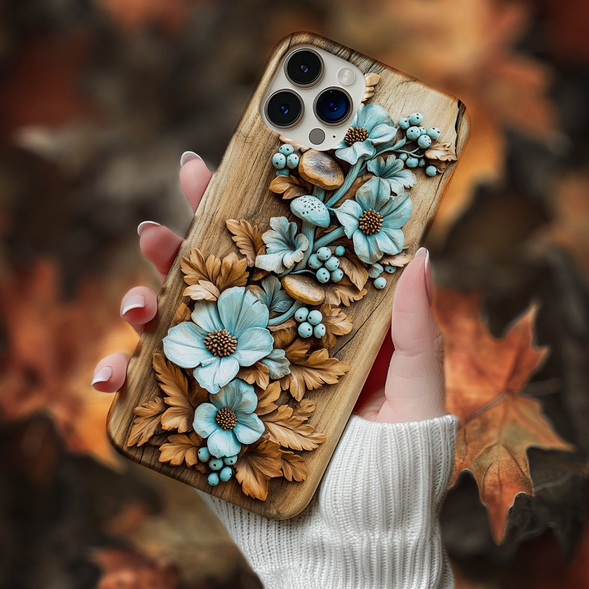 Rustic Country 3D Blue Floral Textured MagSafe Case with Autumn Flowers ...