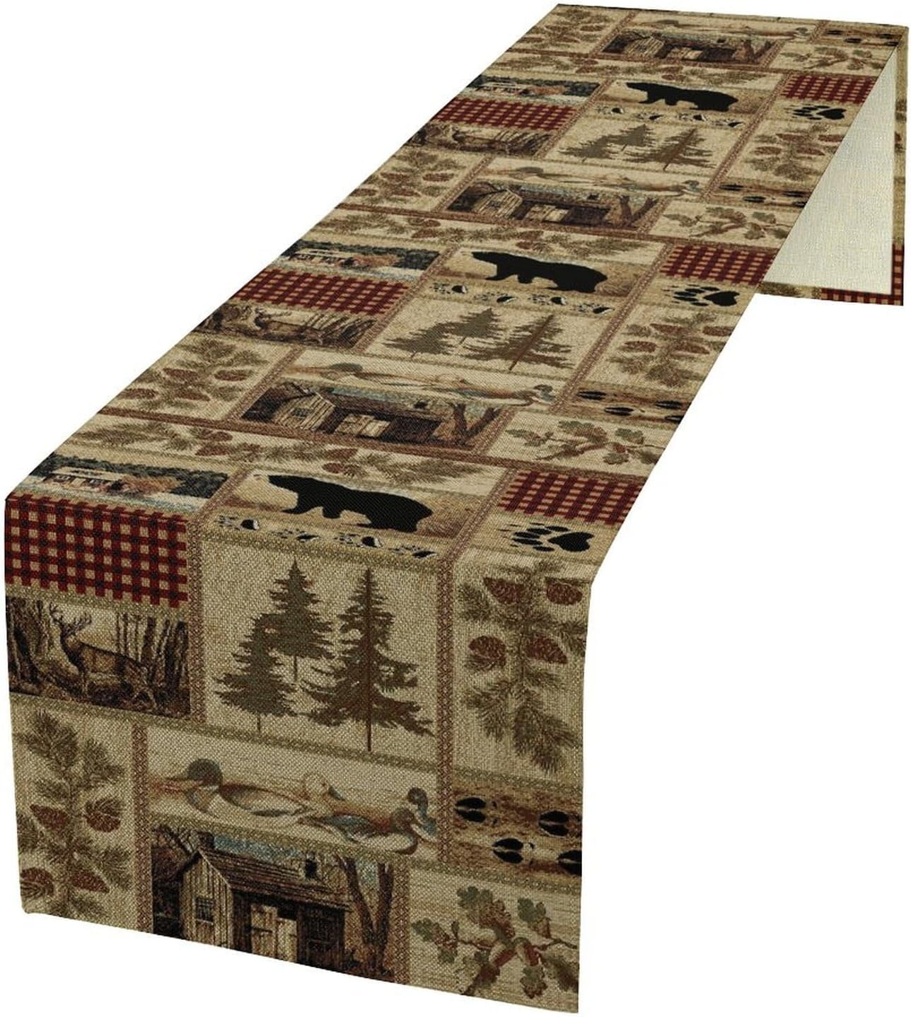 Rustic Country Bear Table Runner,Patchwork Cabin Wild Animals Hunting ...